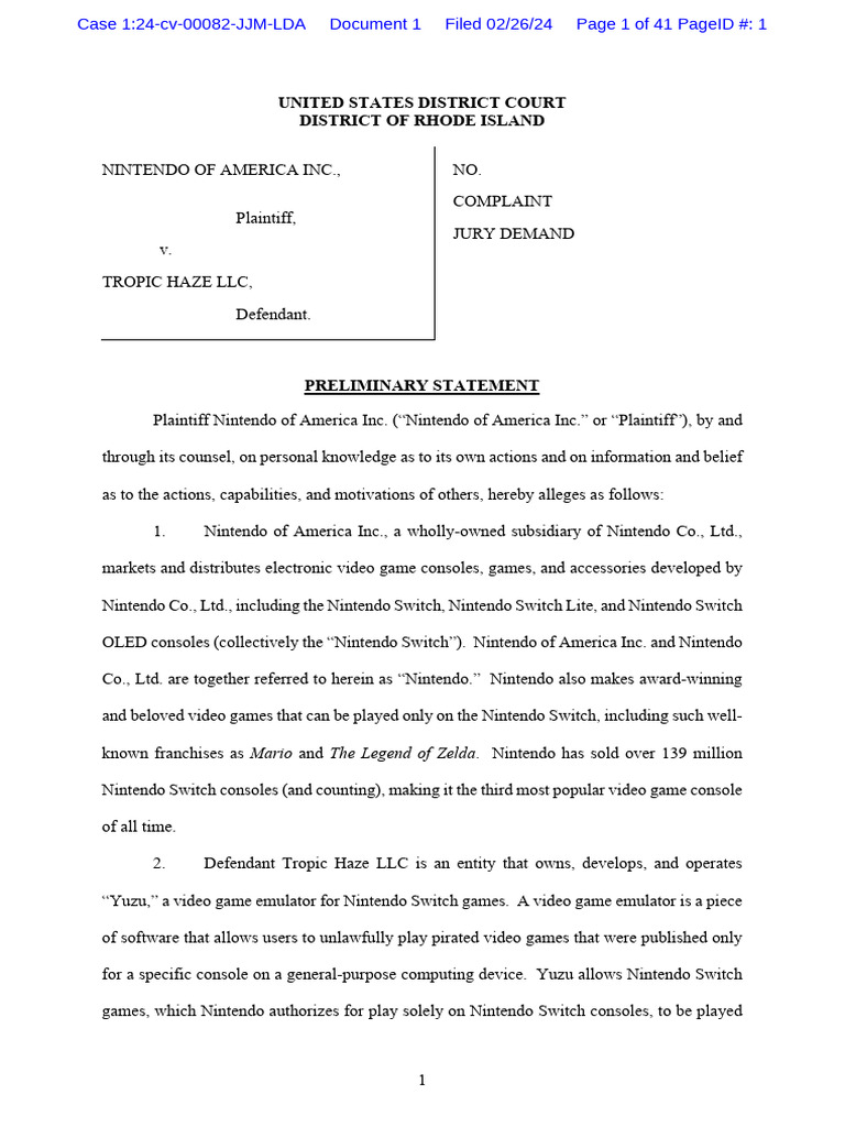 Nintendo of America Inc. v. Tropic Haze LLC, 1 - 24-Cv-00082, No. 1 (D ...