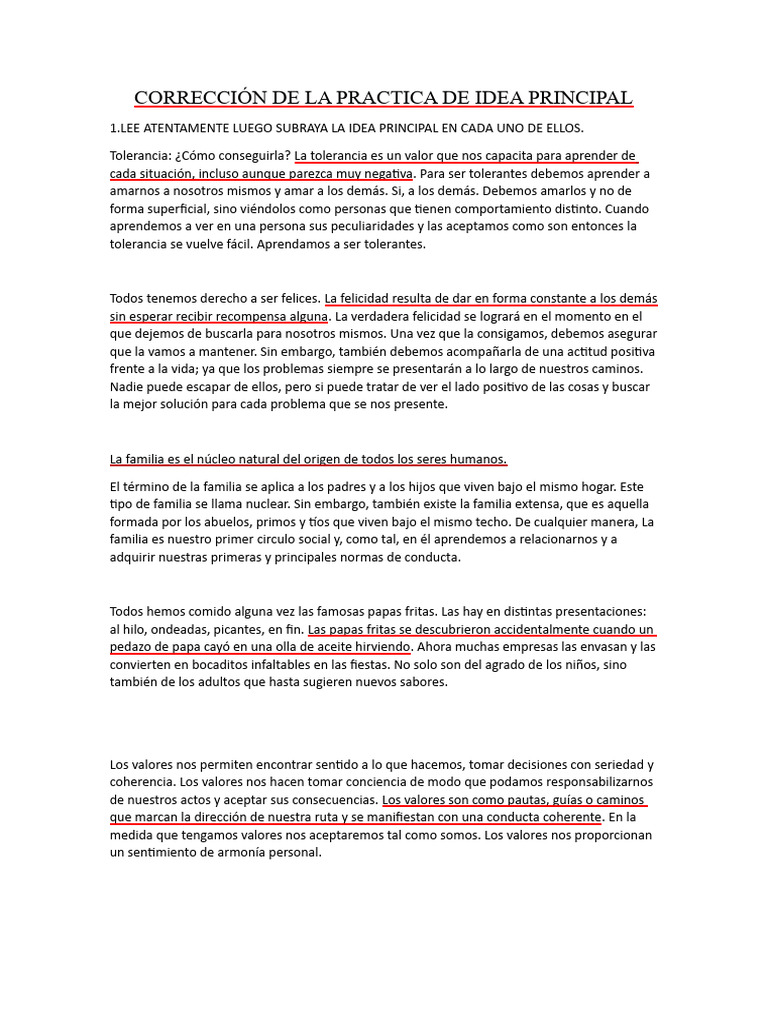 Corrección de La Practica de Idea Principal1 | PDF | Tolerancia | Felicidad