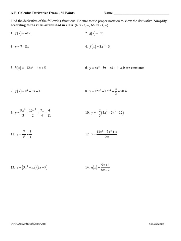 AP Calculus Practice-Derivative Exam | PDF | Tangent | Mathematical ...