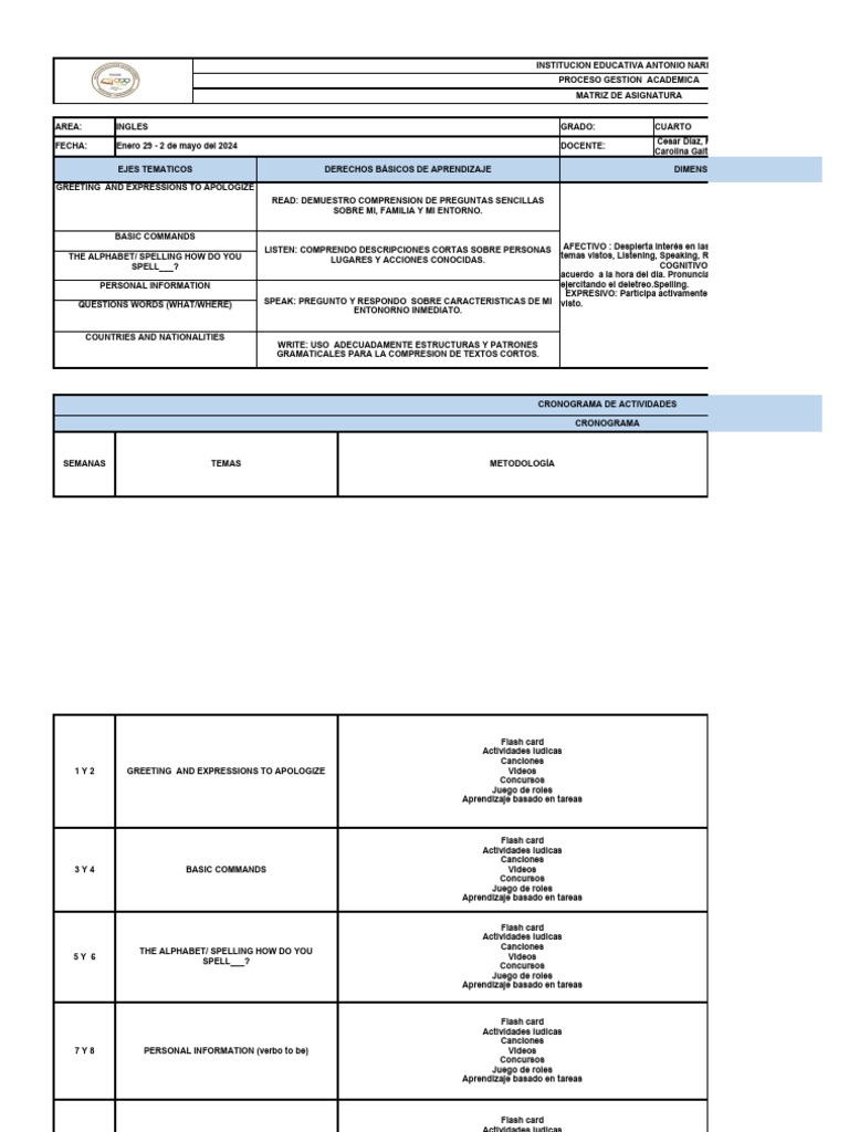 Ingles CUARTO 2024 | PDF | Aprendizaje | Léxico
