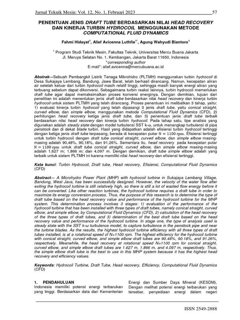 Penentuan Jenis Draft Tube Berdasarkan Nilai Head Recovery Dan Kinerja ...