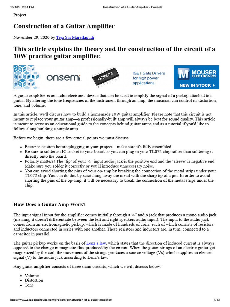 Construction of A Guitar Amplifier - Projects | PDF | Amplifier | Inductor