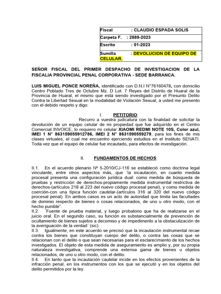 Devolucion de EQUIPO DE CELULAR INVESTIGADO | PDF | Fiscal | Mandato