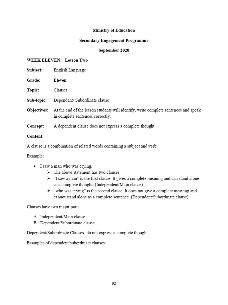 Grade 11 English Language Week 11 Lesson 2 | PDF | Clause | Adverb