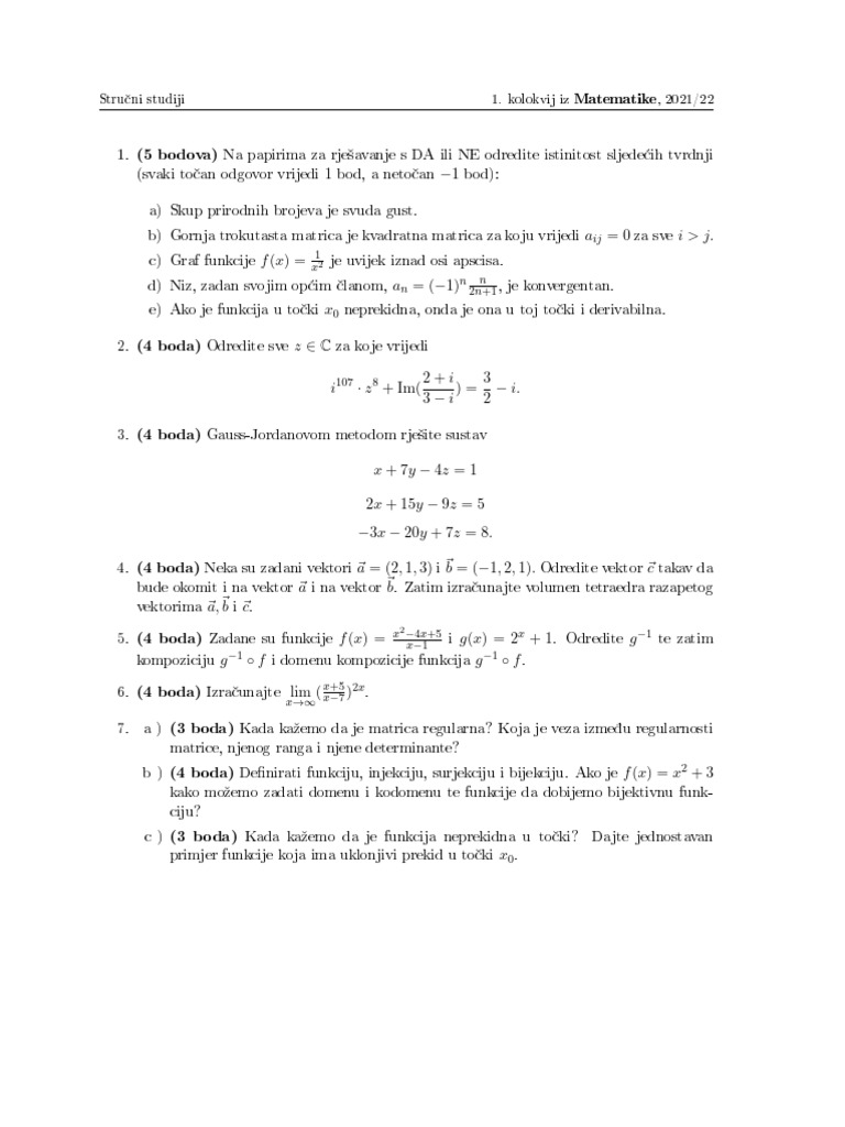 Stru Ni Studiji 1. Kolokvij Iz Matematike, 2021/22: Ij 1 X N N N 2n+1 0 | PDF