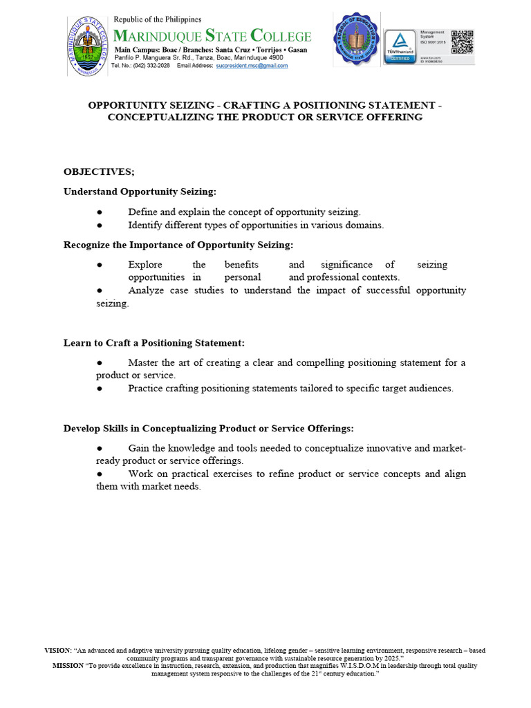 Opportunity Seizing - Crafting A Positioning Statement - Conceptualizing The Product or Service ...
