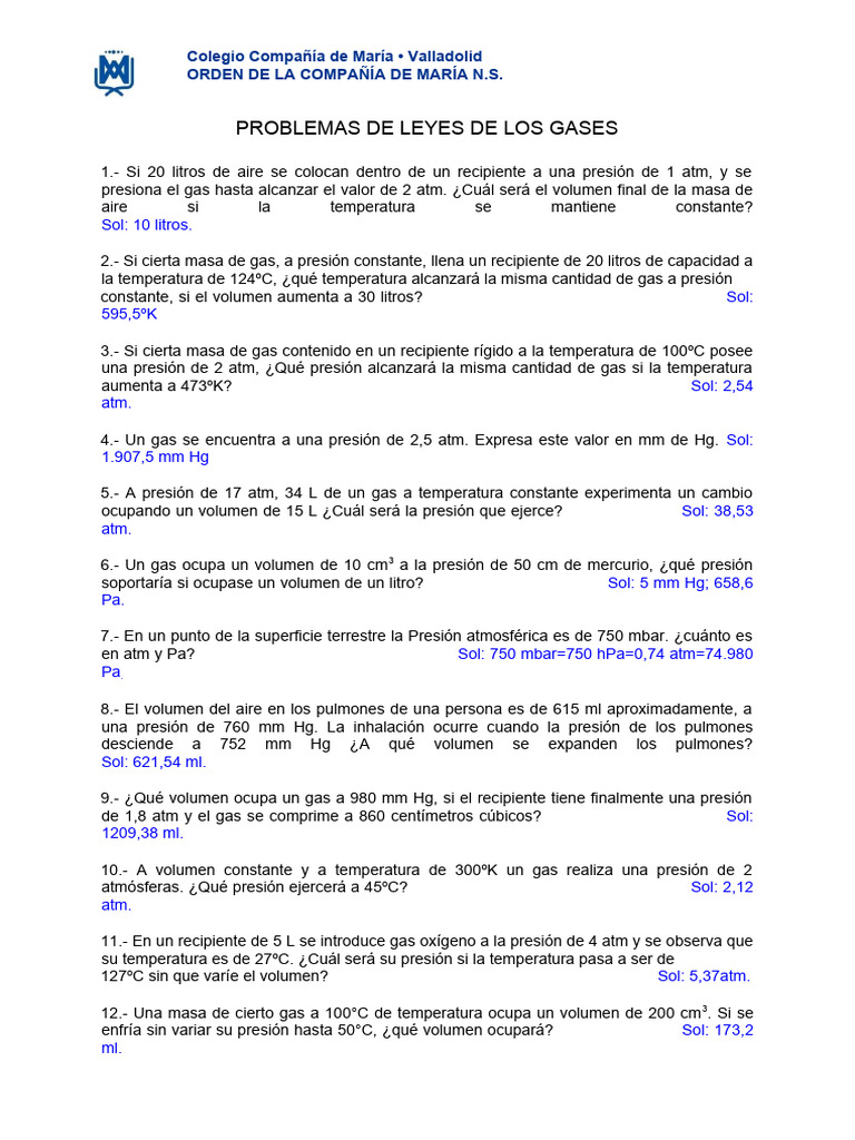 Problemas Leyes Gases 2º | PDF | Gases | Pascal (Unidad)