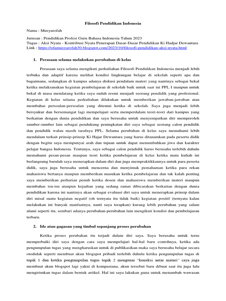Aksi Nyata - Kontribusi Nyata Penerapan Dasar-Dasar Pendidikan Ki Hadjar Dewantara | PDF ...