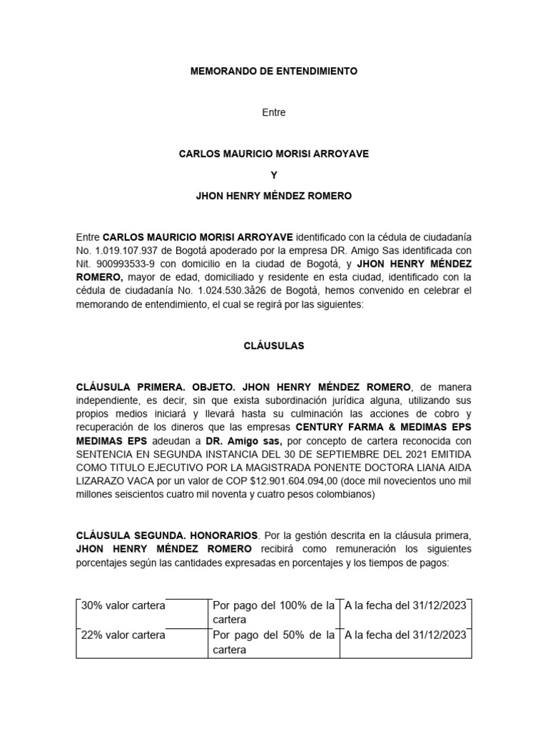 Memorando de Entendimiento Carlos Morisi y Jhon Henry | PDF