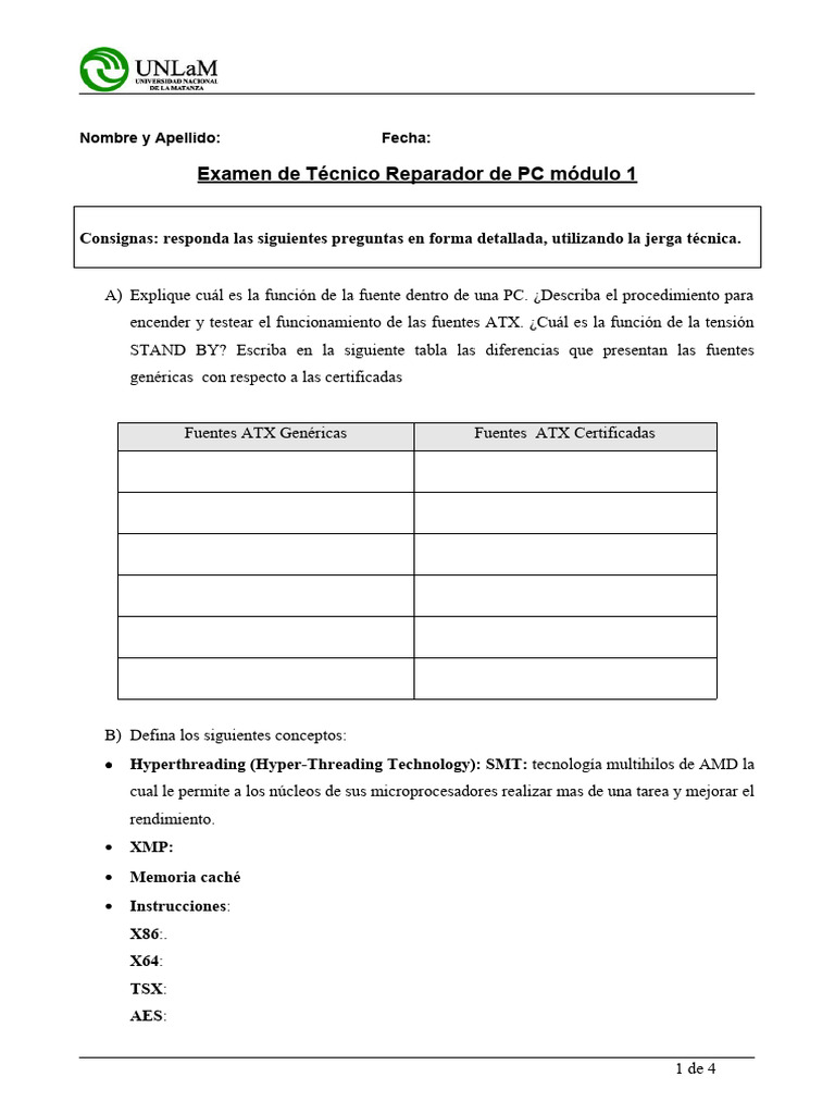 Examen de Armado 2020 UNLAM MODULO 1 | PDF | Microprocesador | Unidad de estado sólido