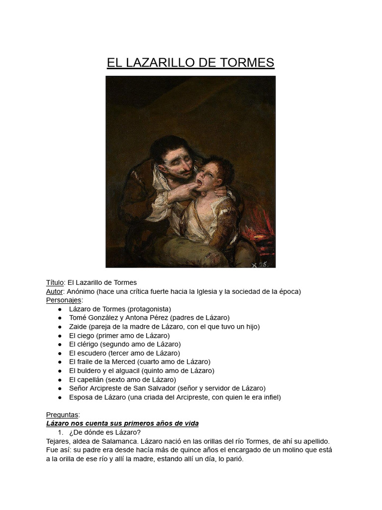 Resumen El Lazarillo El Lazarillo de Tormes | PDF