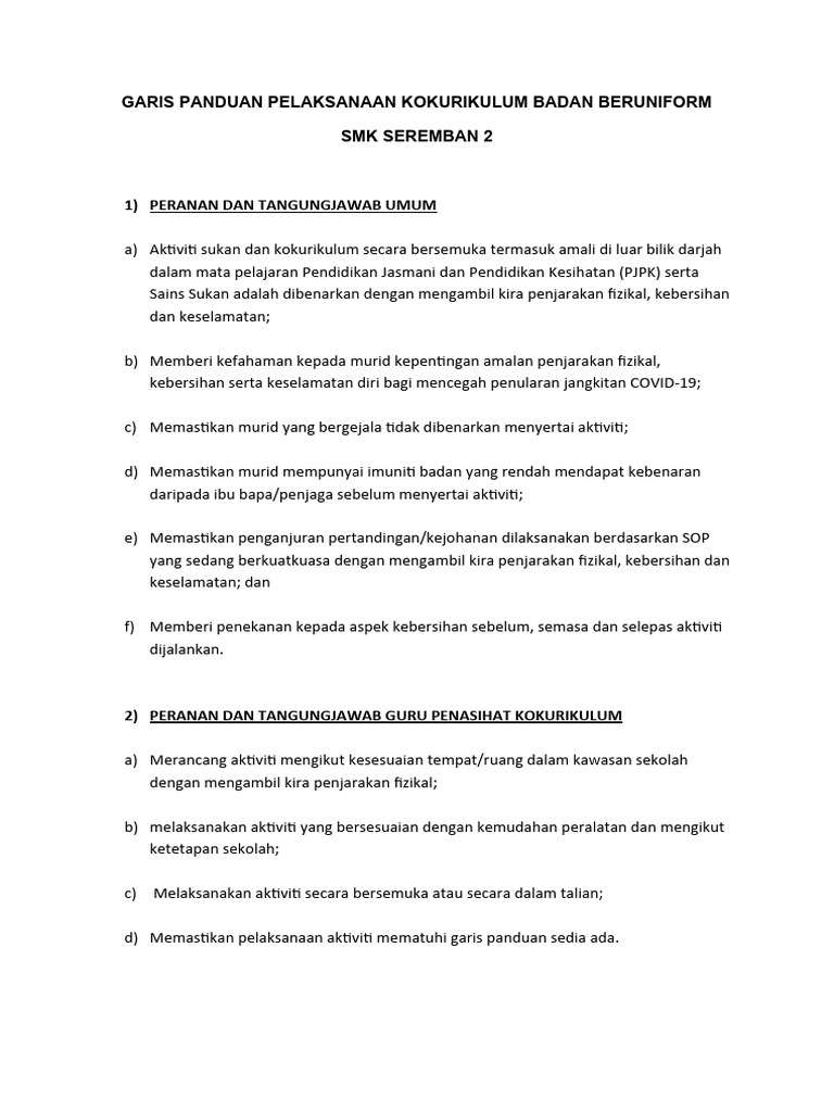 Garis Panduan Pelaksanaan Kokurikulum Badan Beruniform | PDF