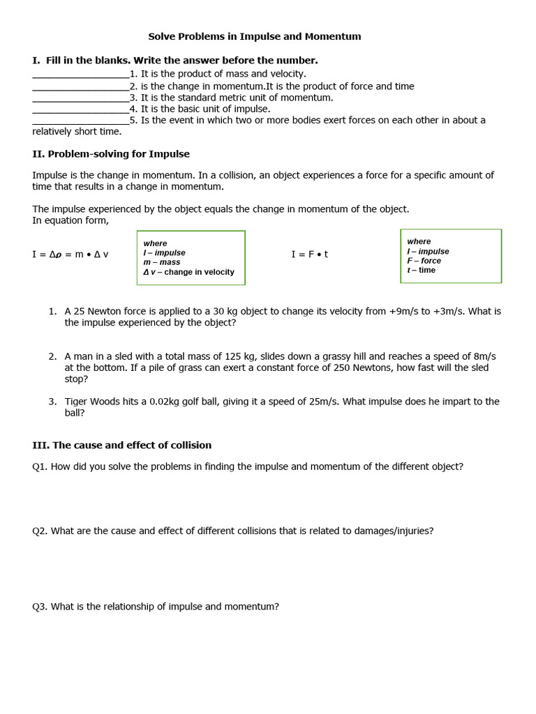 Worksheet On Impulse and Momentum | PDF | Collision | Momentum