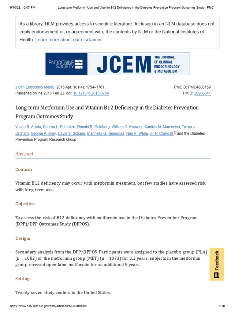 Aroda Et Al Long-Term Metformin Use and Vitamin B12 Deficiency in The ...