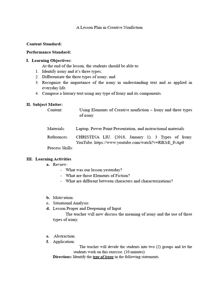 1st Lesson Plan in Creative Nonfiction (IRONY) | PDF | Lesson Plan | Irony