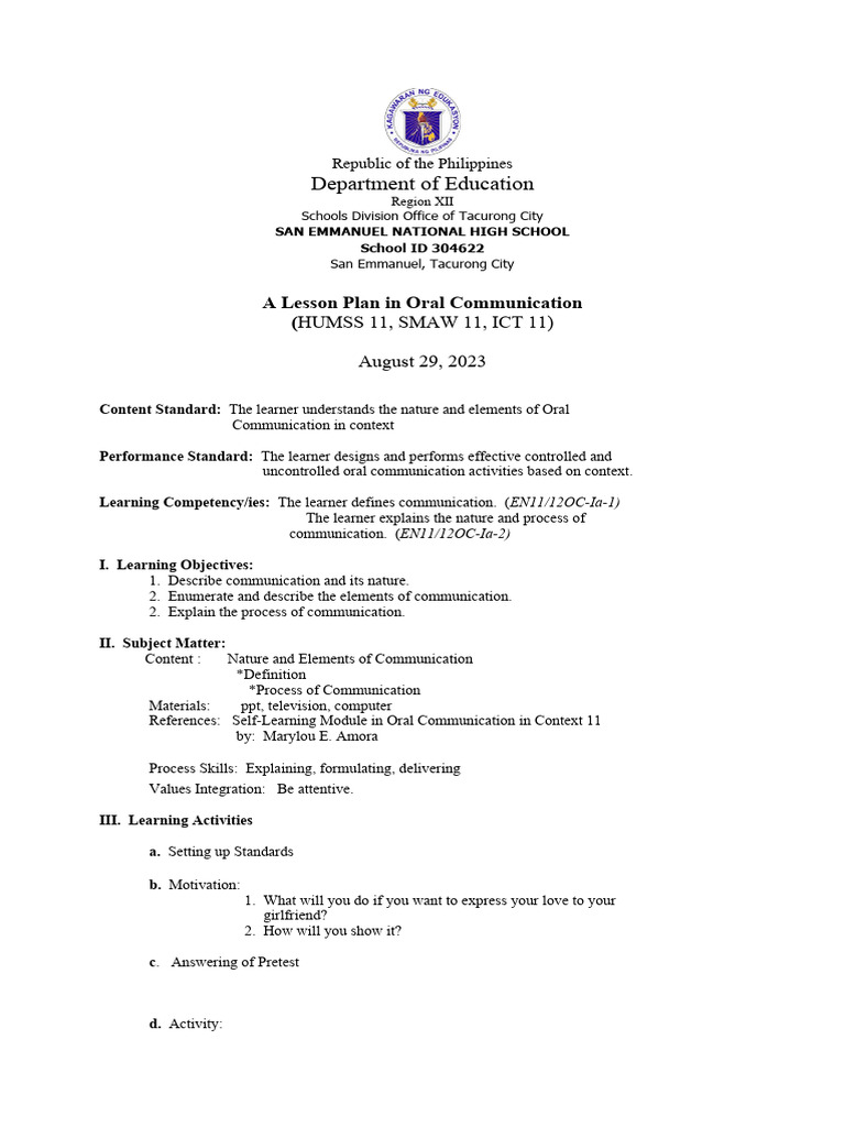 Lesson Plan in OC | PDF | Learning | Communication