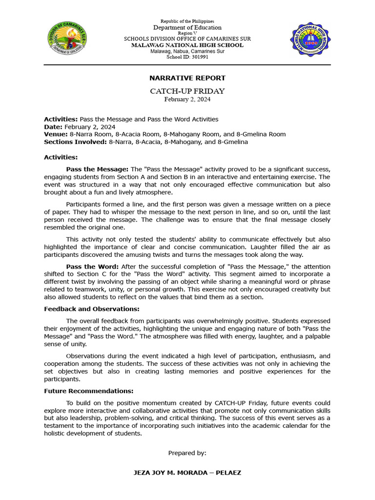 NARRATIVE REPORT Catch Up Friday | PDF | Communication | Cognition