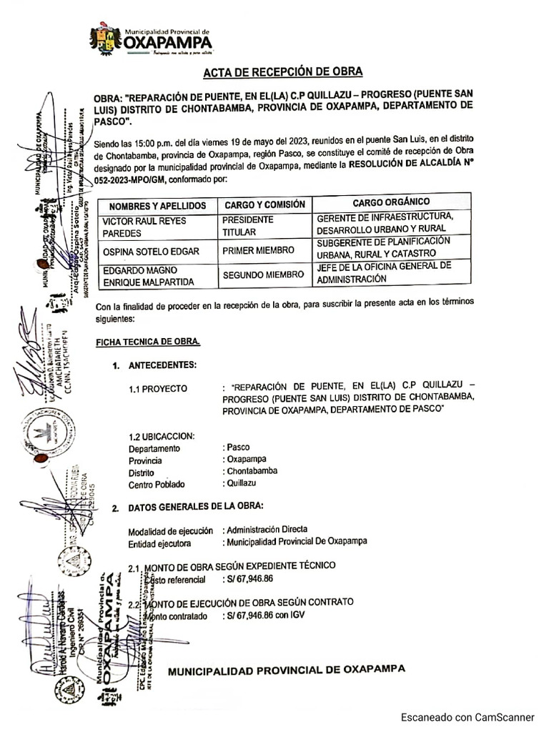 Acta de Recepción de Obra | PDF
