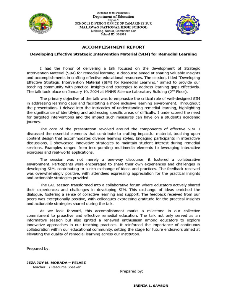 Accomplishment Report | PDF | Learning | Behavior Modification