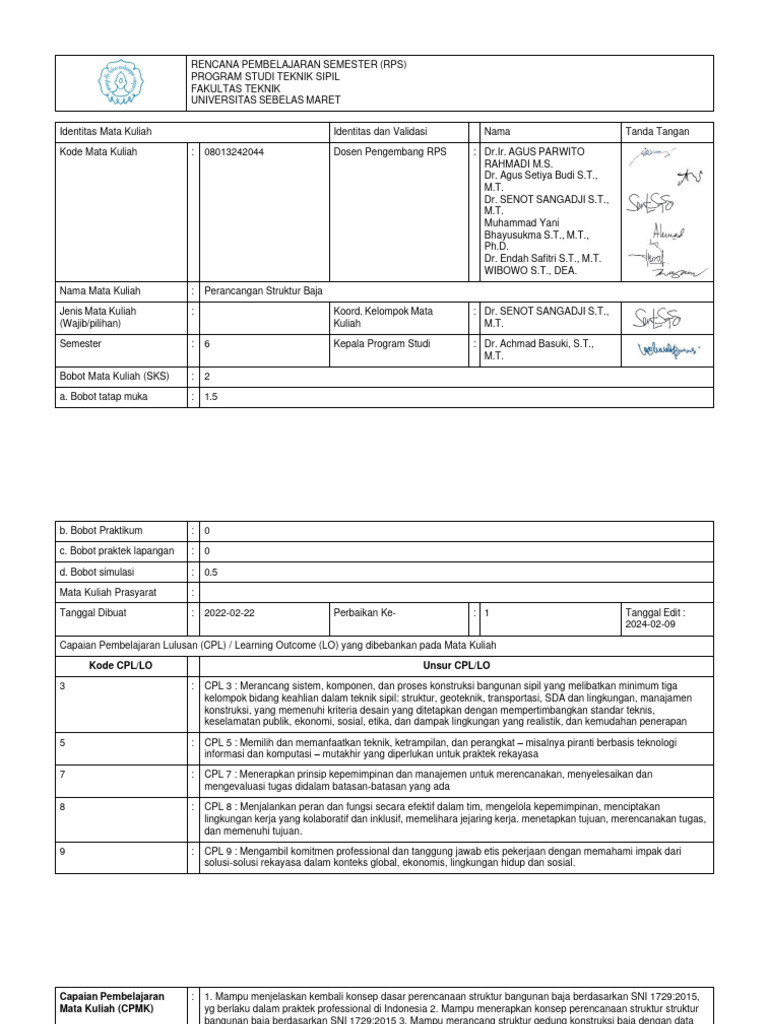 RPS Perancangan Struktur Baja SMT Genap 2023-2024 | PDF