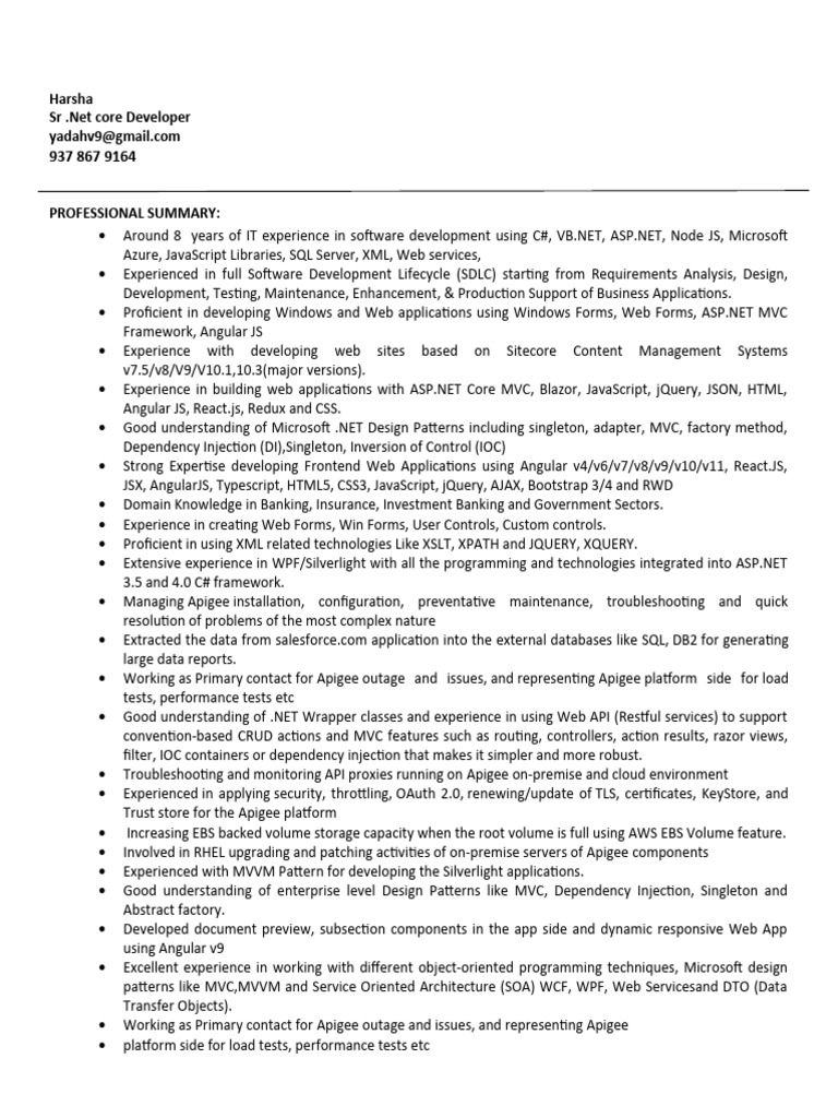 Harsha Dotnet Resume | PDF | Microsoft Sql Server | Angular Js