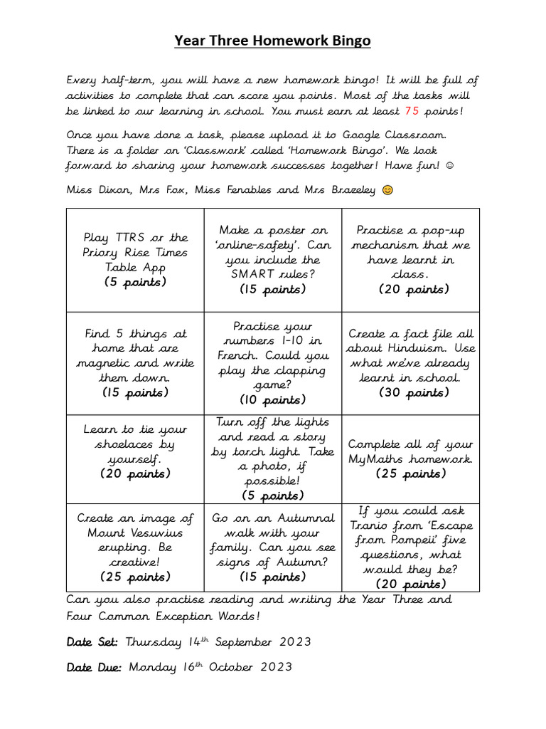 Year Three Homework Bingo Activities | PDF | Computing | Software