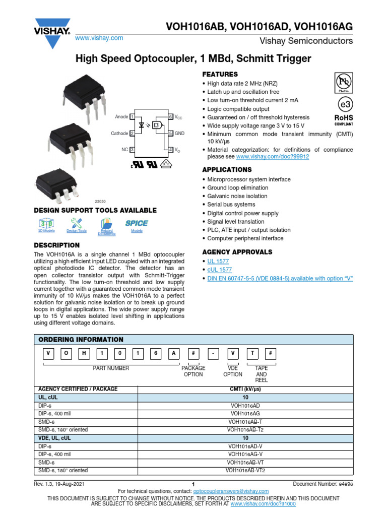 High-Speed Optocoupler VOH1016A Overview | PDF | Electromagnetism ...
