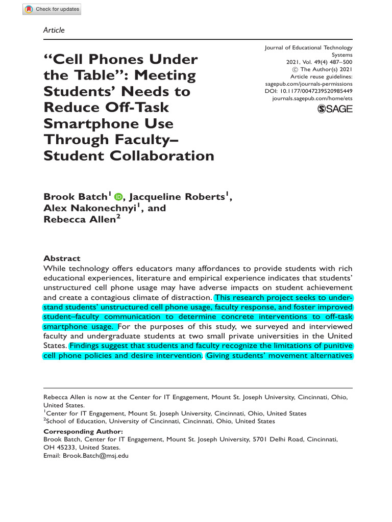 Batch, Roberts, Nakonechnyi & Allen (2021) Cell Phones Unders The Table ...
