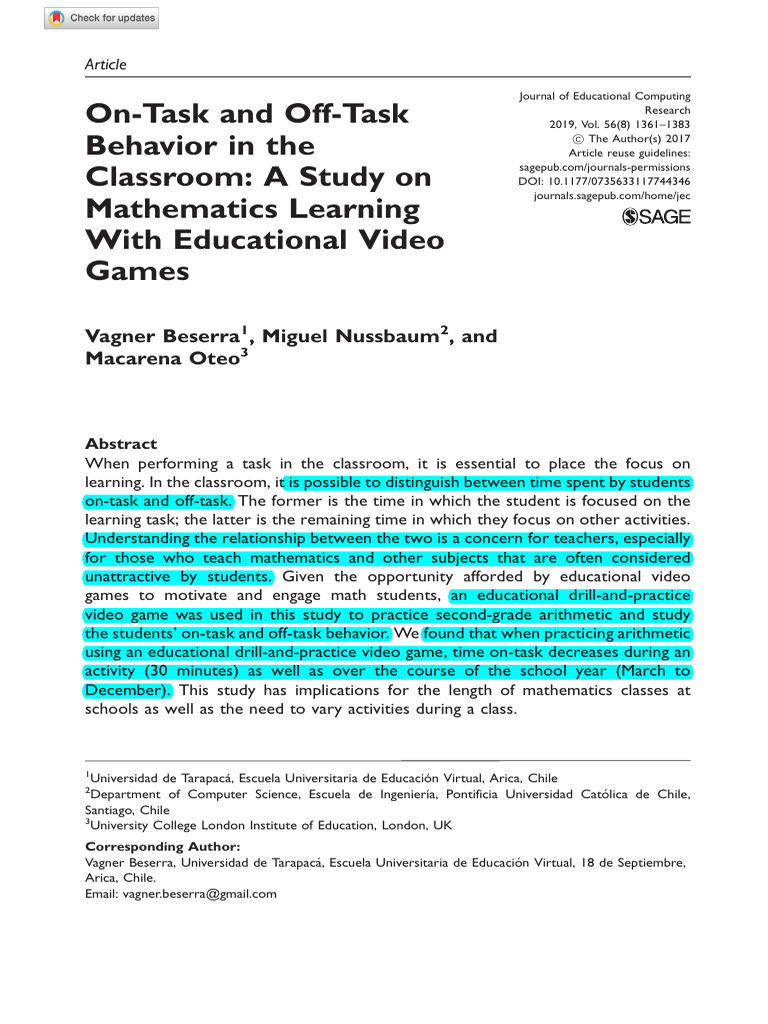Beserra, Nussbaum, & Oteo (2019) On-Task and Off-Task Behavior - . - Mathematics Learning With ...