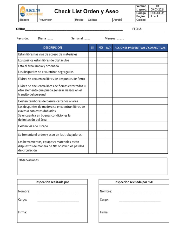 SSO-CL-11. Check List Orden y Aseo | PDF