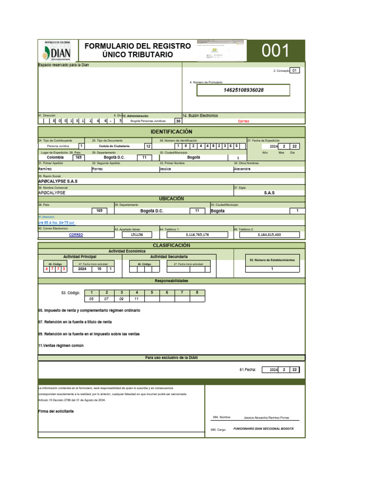 Formulario Del Registro Único Tributario: Identificación | PDF