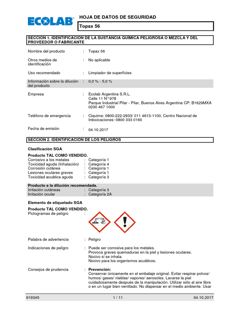 Hoja de Datos de Seguridad - Topax 56 | PDF | Reciclaje | Residuos