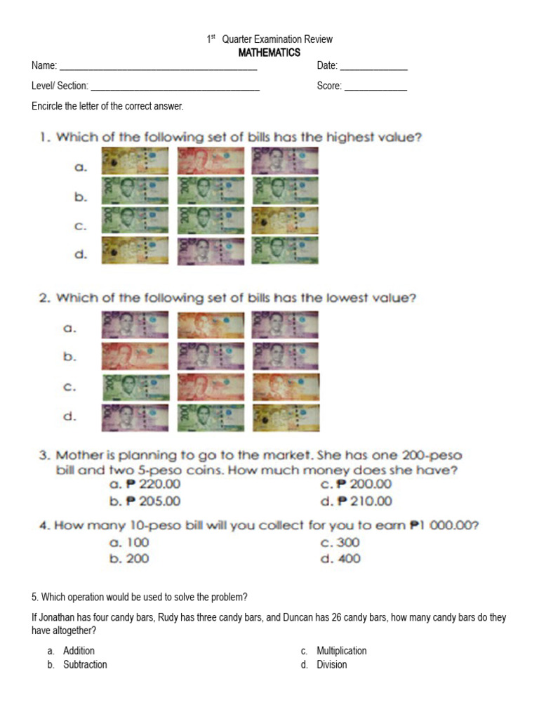 1st Quarter Math Exam Review Guide | PDF | Arithmetic | Mathematics