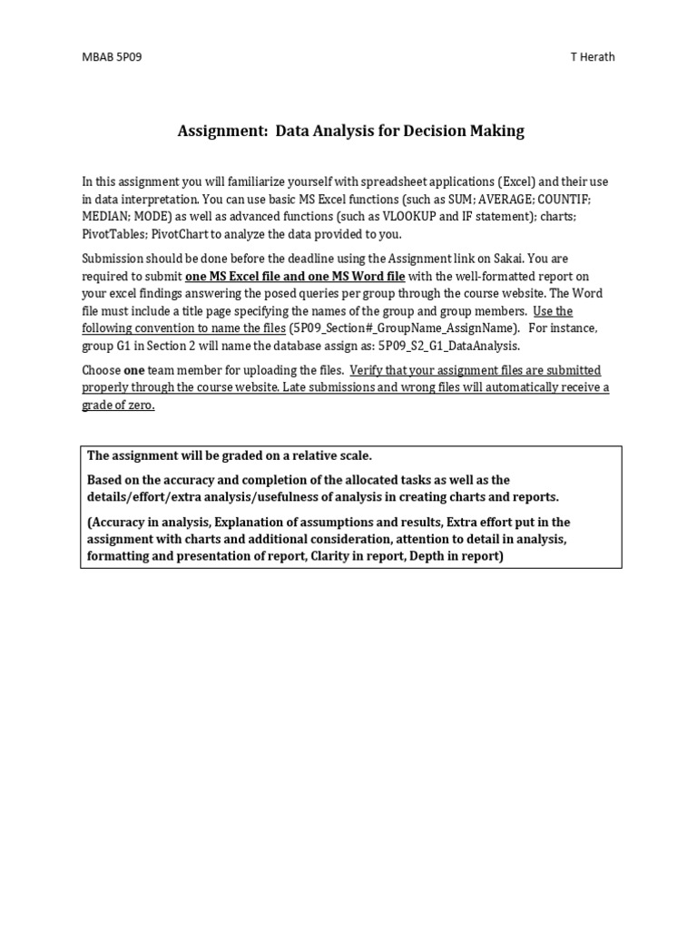 Data Analysis Assignment for MBAB 5P09 | PDF | Microsoft Excel | Data ...