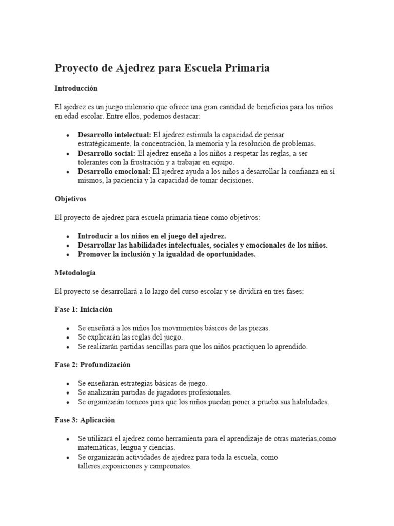Proyecto de Ajedrez para Escuela Primaria | PDF | Ajedrez | Educación primaria