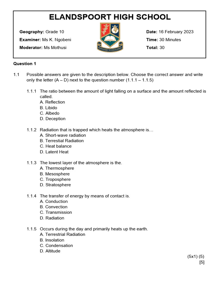 Grade 10 Term 1 Class Test 1 | PDF | Atmosphere Of Earth | Atmosphere