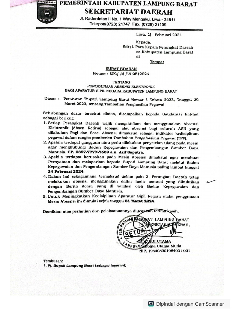 Surat Edaran Penggunaan Absensi Elektronik | PDF