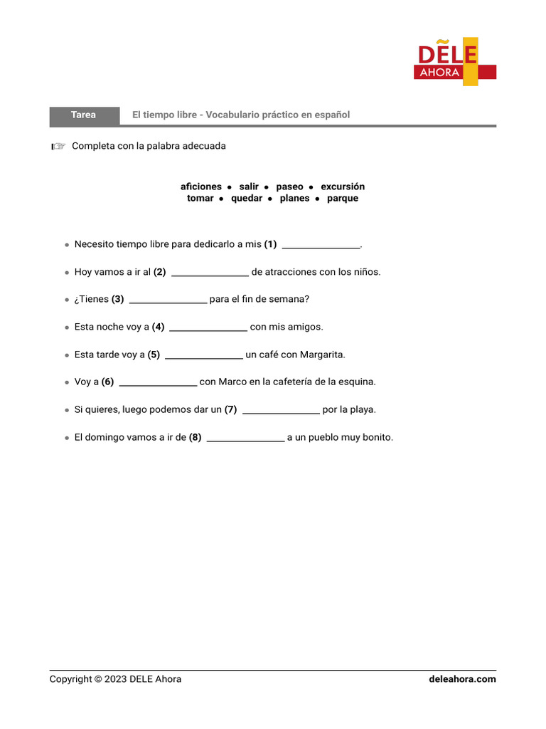 El Tiempo Libre Vocabulario Practico en Espanol | PDF