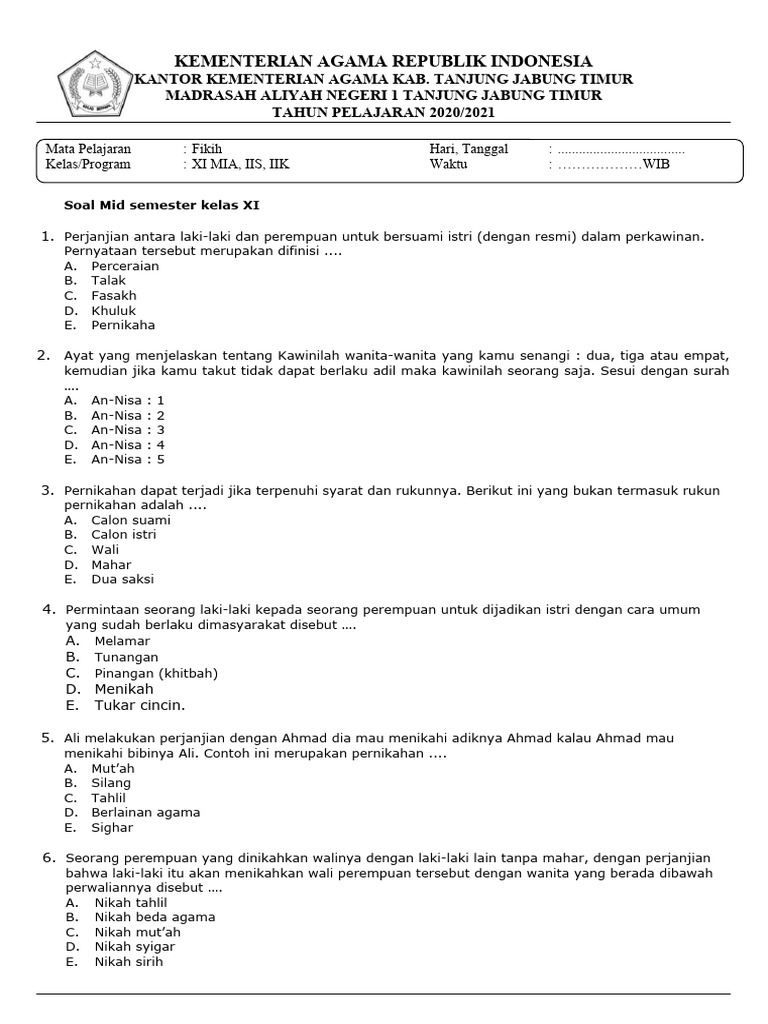 Soal Fikih Kelas Xi Genap 2021 | PDF | Agama & Spiritualitas