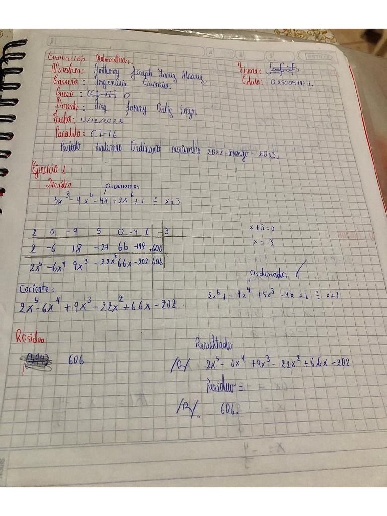 Yanez Anthony - Prueba Primer Parcial CI 16 MATEMATICAS | PDF