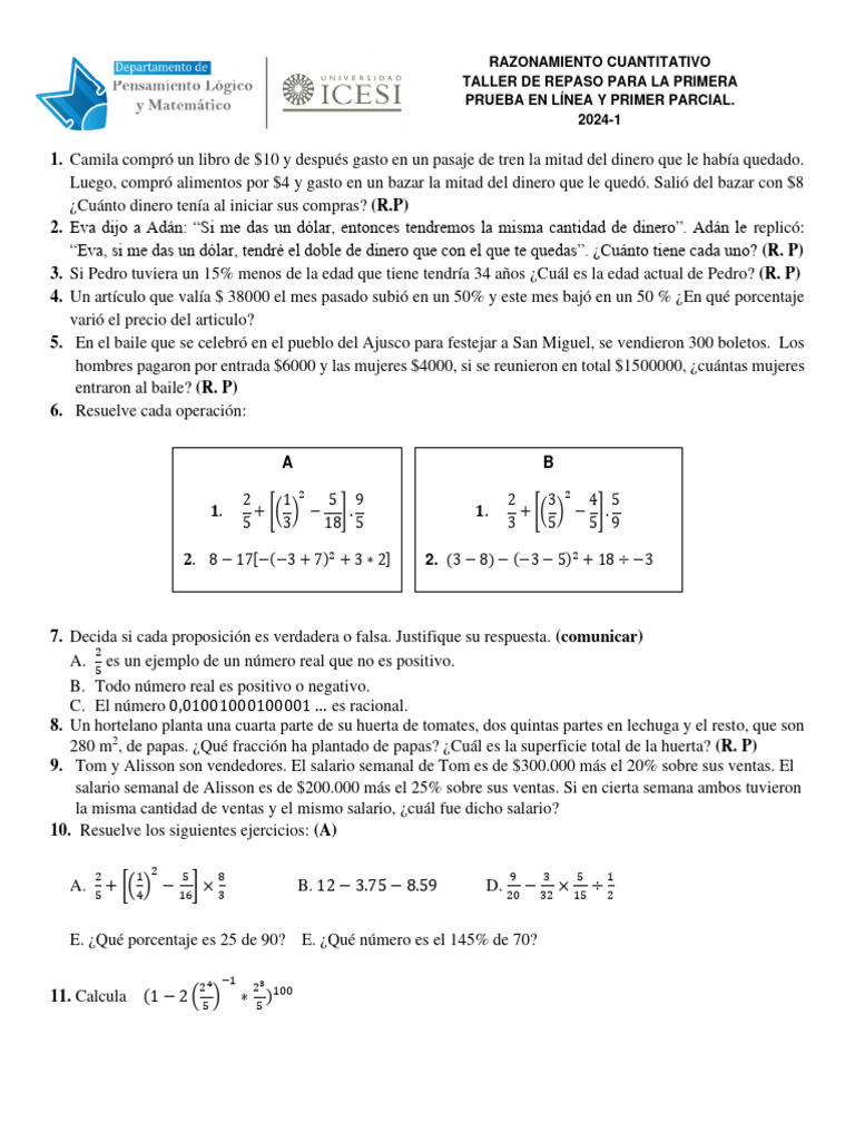Ejercicios de Razonamiento Cuantitativo 2024-1 | PDF | Porcentaje