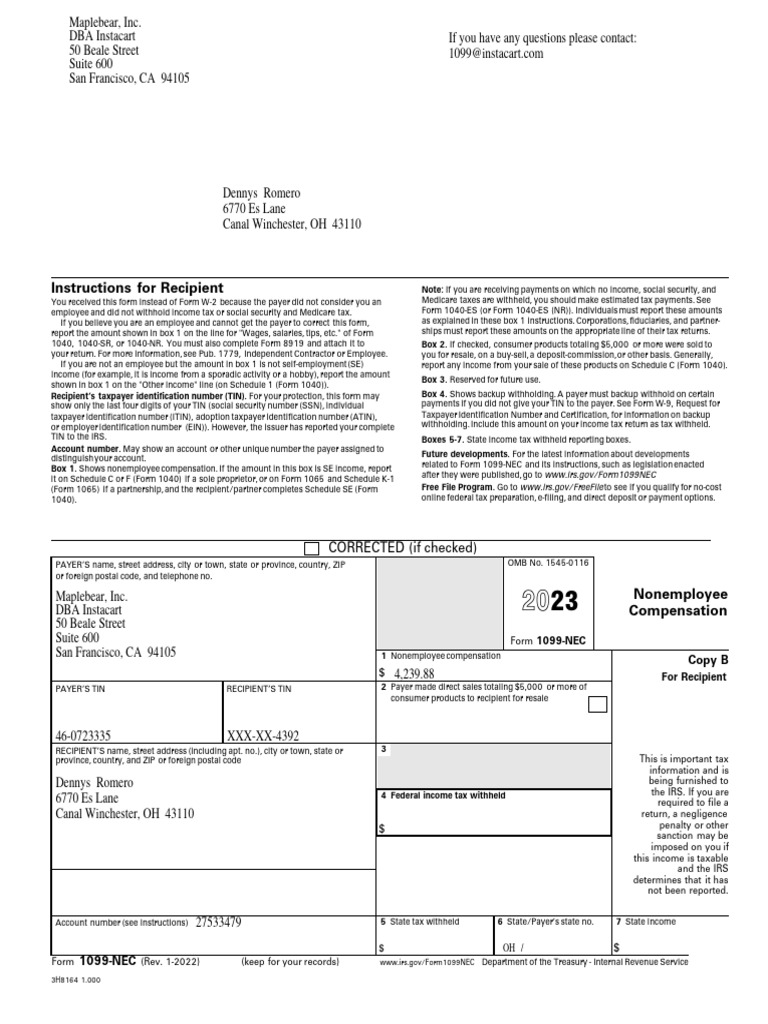 Instructions For Recipient: Copy B | PDF | Irs Tax Forms | Taxation