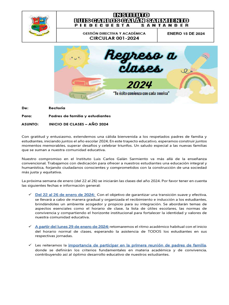 Circular 001 2024 Inicio de Clases | PDF