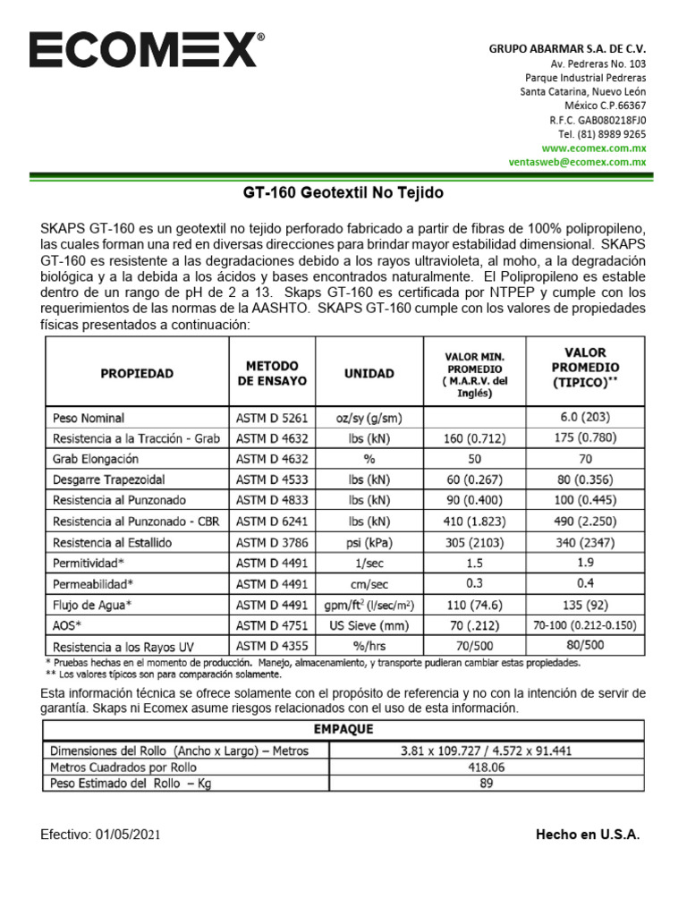 Geotextil SKAPS GT-160 de Ecomex | PDF