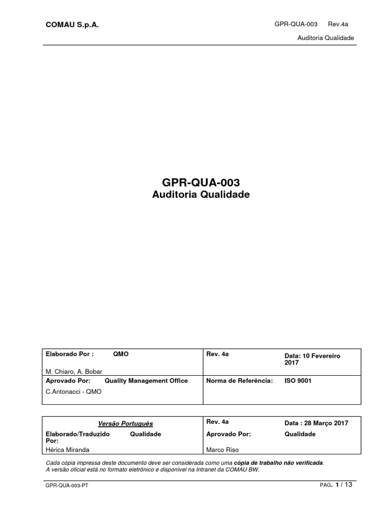 GPR Qua 003 PT Auditoria Da Qualidade | PDF | ISO 9000 | Qualidade ...
