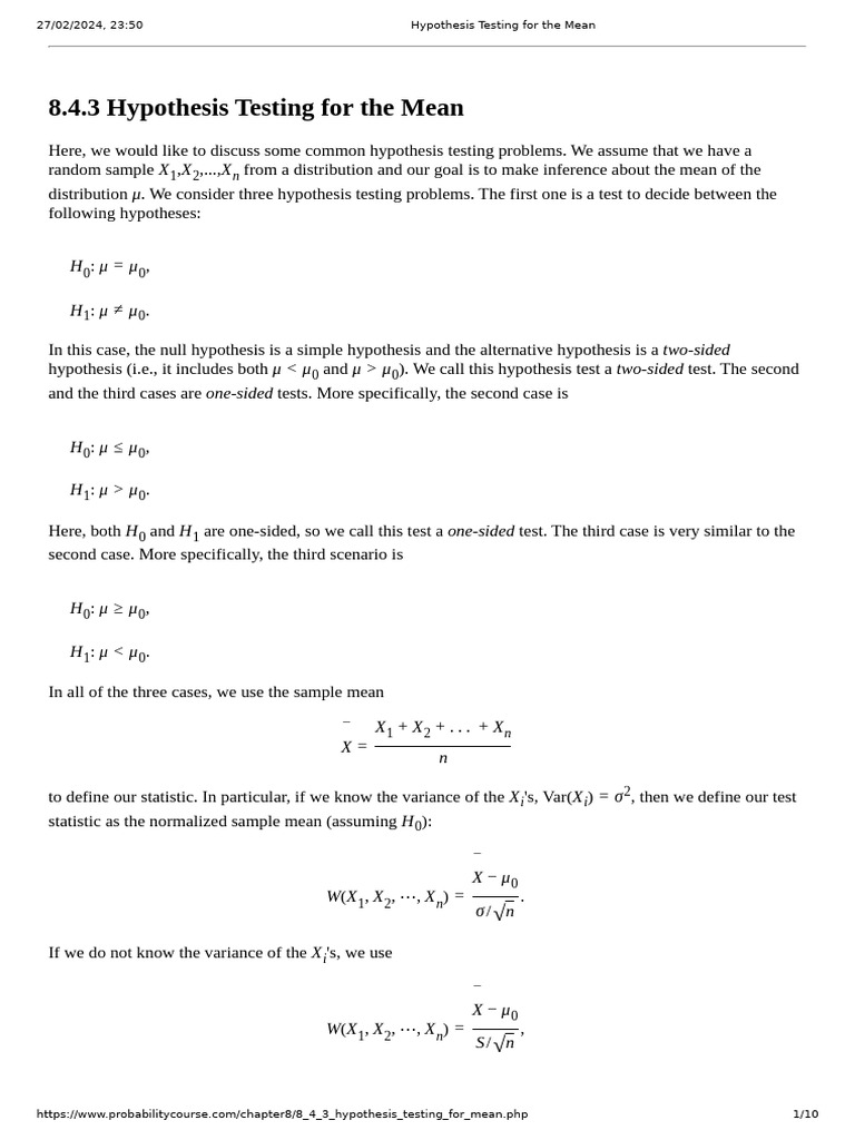 Hypothesis Testing for Mean Analysis | PDF | Statistical Hypothesis ...