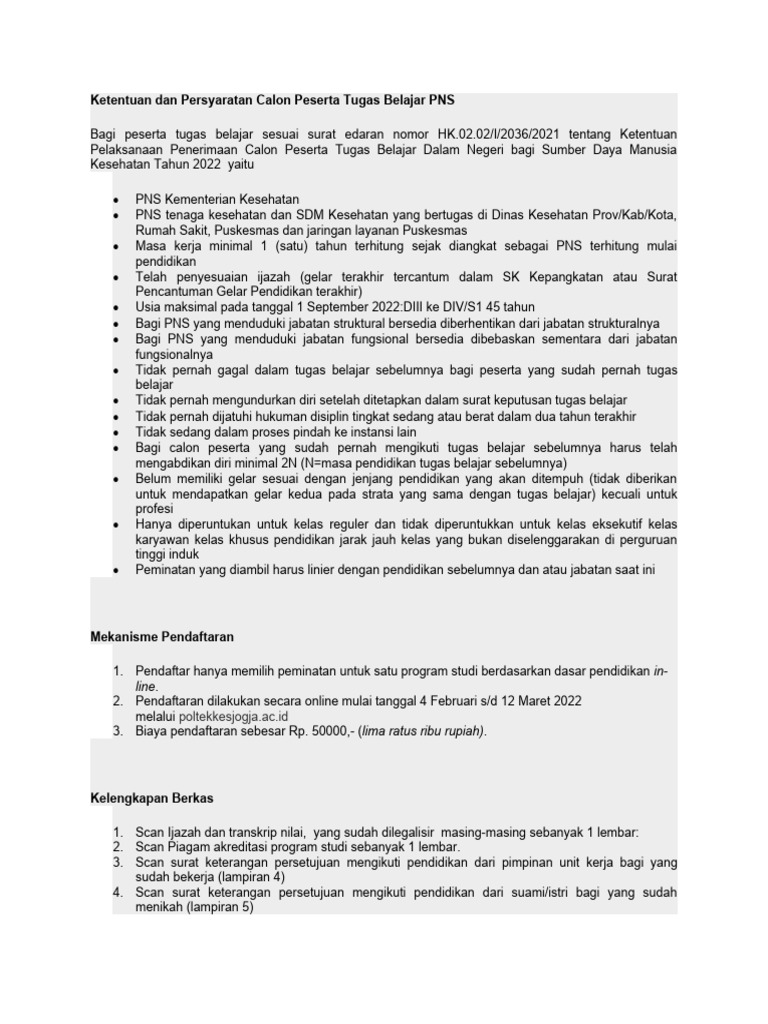 Ketentuan Dan Persyaratan Calon Peserta Tugas Belajar PNS | PDF