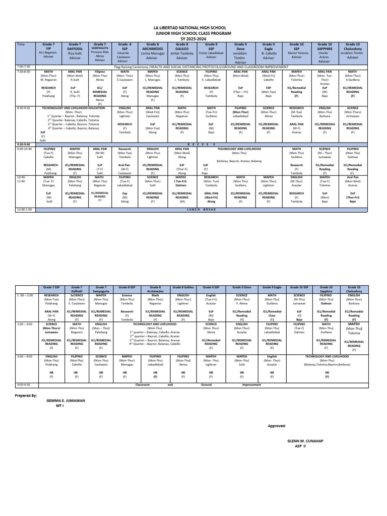 Junior High Class Schedule 2023-24 | PDF | Educational Organizations | Educational Institutions
