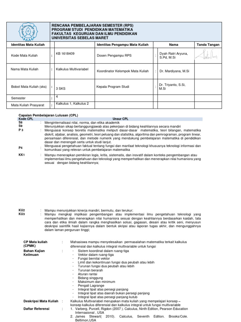 RPS Kalkulus Multivariabel 2020 | PDF