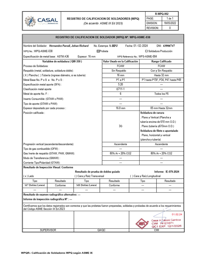 WPQ-ASME-038 (S-HPJ) - 3G Firm | PDF | Soldadura | Construcción